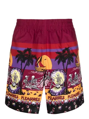 PLEASURES Illustration Print Cotton Shorts - Bordeaux