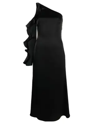 David Koma Ruffle Detail One Shoulder Midi Dress - Black