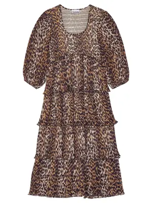 GANNI Leopard Print Midi Dress - Brown