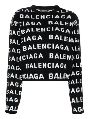 Balenciaga Allover Logo Wool Cropped Sweater - Black