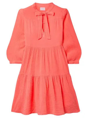 Honorine Giselle Bow-detailed Tiered Cotton-seersucker Mini Dress - Coral