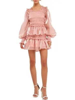 Endless Rose Metallic Sheen Long Sleeve Ruffle Mini Dress - Rose