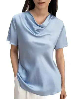 Lilysilk Cowl Neck Short Sleeves Silk T-shirt - Sky Blue