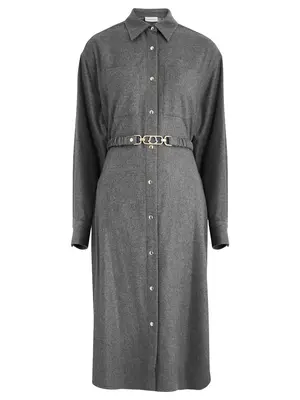 Moncler Belted Wool-blend Midi Shirt Dress - Grey