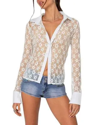 EDIKTED Cecilia Floral Lace Button-up Top - White