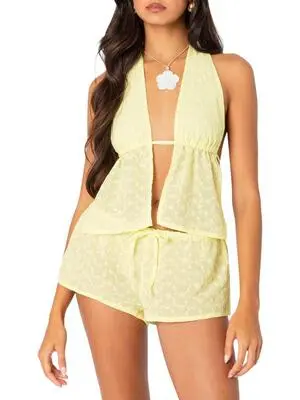 EDIKTED Eyelet Split Front Halter Top - Yellow
