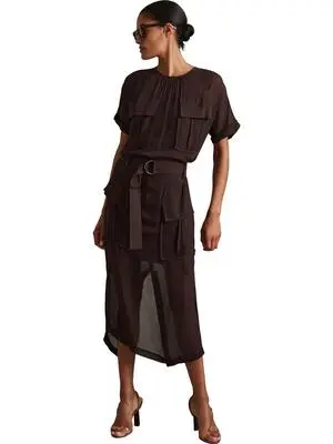 REISS Essie Mesh Utility Belted Midi Dress - Chocolate