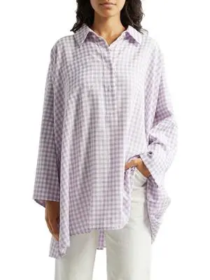 La Vie Style House Gingham Check Oversized Shirt - Purple White
