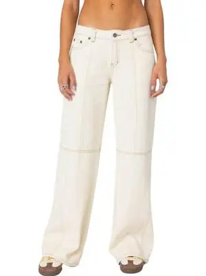 EDIKTED Contrast Stitch Wide Leg Jeans - Cream