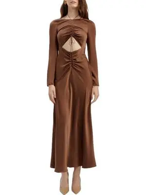 Bardot Ruched Cutout Midi Dress - Chocolate