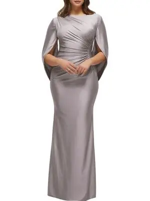 After Six Cape Sleeve Satin Gown - Cashmere Gray