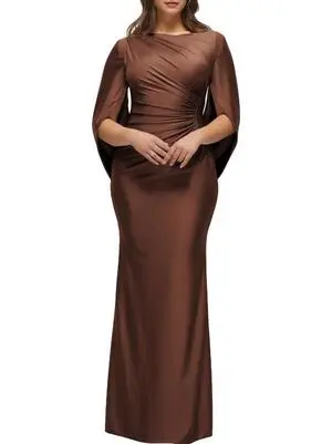 After Six Cape Sleeve Satin Gown - Cognac