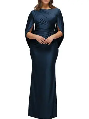 After Six Cape Sleeve Satin Gown - Midnight