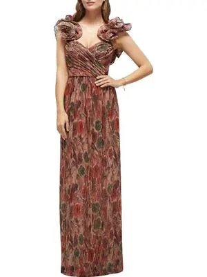 After Six Metallic Print Gown - Harvest Floral Print