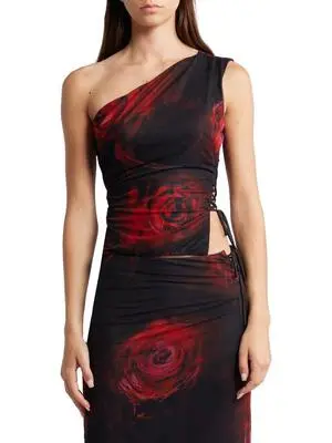 MISTRESS ROCKS Rose One-shoulder Top - Black Rose Print