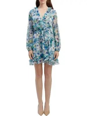 Bardot Ruffle Long Sleeve Faux Wrap Chiffon Minidress - Blue Floral