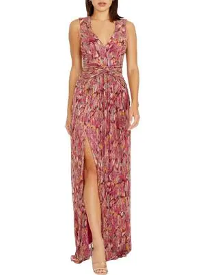 Dress The Population Dress The Population Leanna Print Metallic Gown Bright Fuchsia Multi
