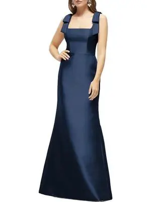 Alfred Sung Alfred Sung Bow Strap Satin Twill Trumpet Gown Midnight