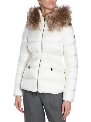 Moncler Boed Belted Down Jacket With Shearling Hood Trim - Silk White