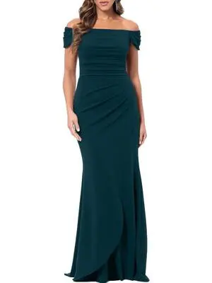 XSCAPE EVENINGS Ruched Off-the-Shoulder Trumpet Gown Pine