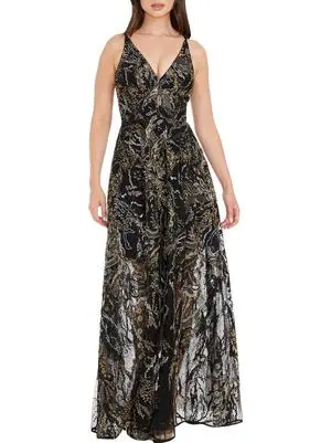 Dress The Population Ariyah Floral Sequin A-line Gown - Black Multi