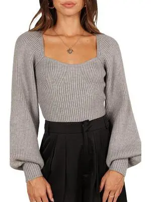 PETAL & PUP Gia Sweetheart Neck Ribbed Sweater - Light Grey