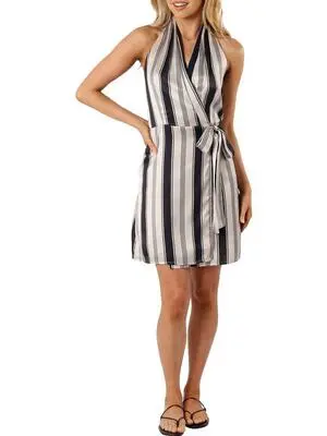 PETAL & PUP Silvio Stripe Satin Halter Minidress - Black Cream