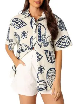PETAL & PUP Zayd Botanical Print Short Sleeve Shirt - Navy