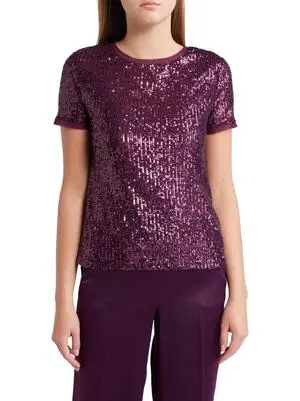 Anne Klein Sequin Embellished Mesh T-Shirt Deep Plum