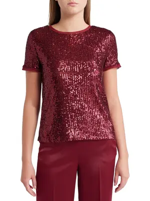 Anne Klein Sequin Embellished Mesh T-Shirt Red Ruby