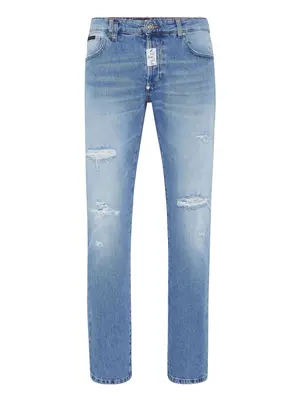Philipp Plein Distressed Straight-leg Jeans - Blue