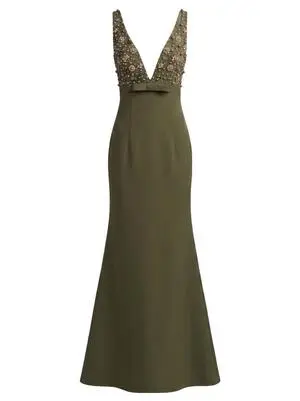Mac Duggal Crêpe Floral Beaded Bow A-line Gown Olive