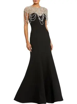 Mac Duggal Beaded Cap-sleeve Mermaid Gown - Black