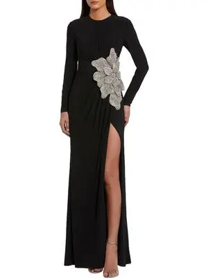 Mac Duggal Jersey Beaded Floral Long-sleeve Gown - Black