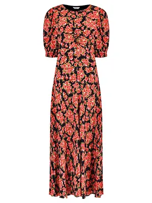 RO&ZO Rose-print Ruched Crepe Midi Dress - Black