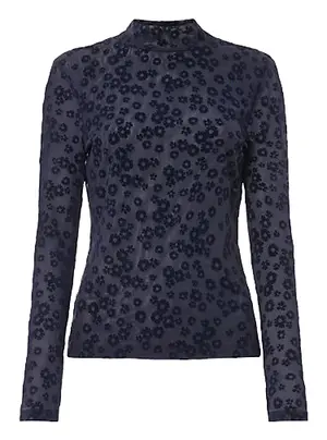 Whistles Floral-pattern High-neck Stretch-mesh Top - Navy