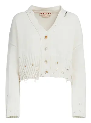 Marni Cotton-knit Cardigan With Distressed Trims - Lily White