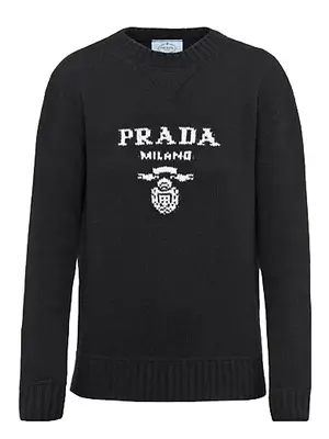 Prada Logo-intarsia Cashmere And Wool-blend Sweater - Black