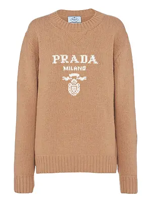 Prada Logo-intarsia Cashmere And Wool-blend Sweater - Brown