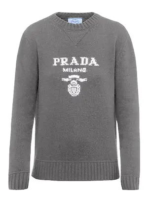 Prada Logo-intarsia Cashmere And Wool-blend Sweater - Grey