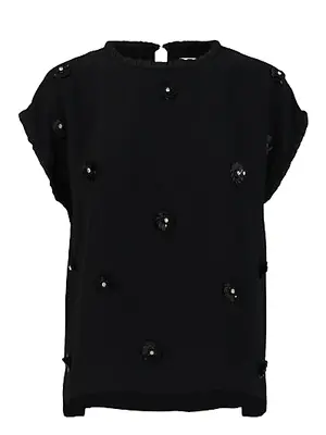 LEEM Flower-embroidered High-neck Woven Top - Black