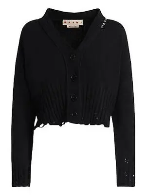 Marni Distressed V-neck Cotton-knit Cardigan - Black