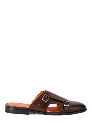 Santoni Monk Double-buckle Leather Mules - Dark Brown