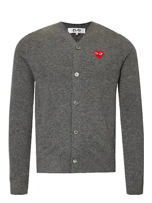 Play Comme Des Garcon Logo-embroidered V-neck Wool Cardigan - Med Gray
