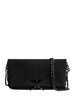 Zadig&Voltaire Rock Python-embossed Leather Clutch With Wing Embellishment - Noir