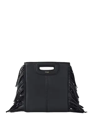 Maje Mini Logo-embossed Fringed Leather Bag - Noir / Gris