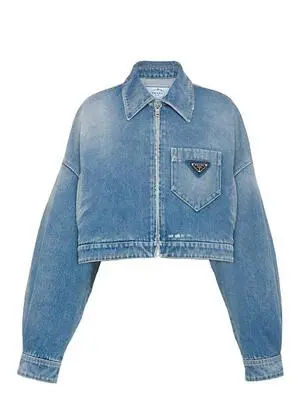 Prada Cropped Logo-plaque Denim Jacket - Blue