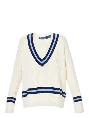 Polo Ralph Lauren Cricket Relaxed-fit V-neck Cable-knit Jumper - Cream W/ Navy Stripe