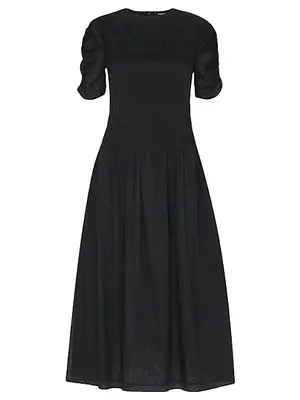 Whistles Avery Ruched-sleeve Smocked Cotton Midi Dress - Black