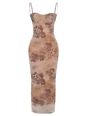 House Of Cb Aiza Floral-print Stretch-mesh Maxi Dress - Cream Floral
